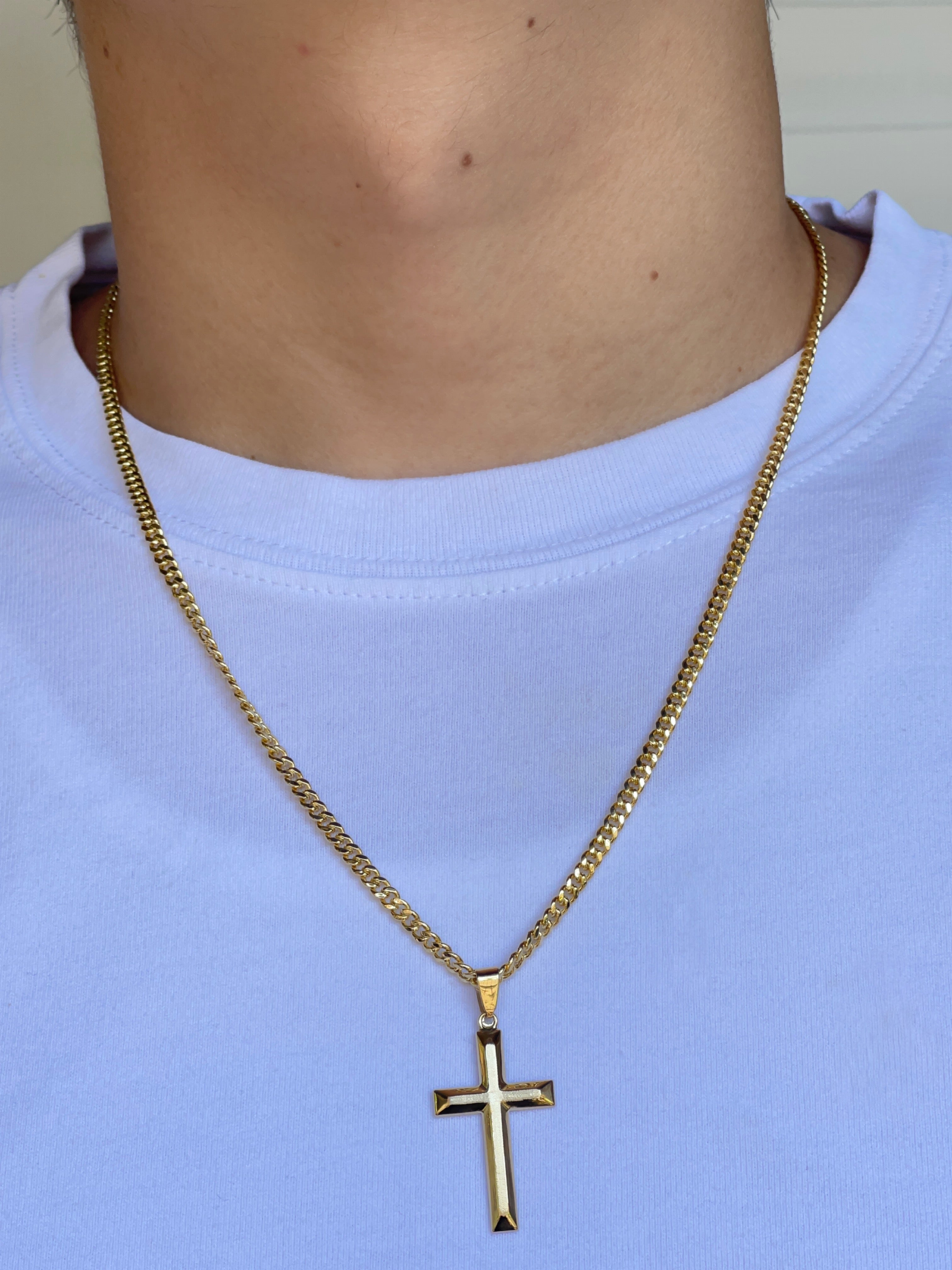 14K Solid Gold Classic Beveled Edge Cross Pendant Religious Charm For ...
